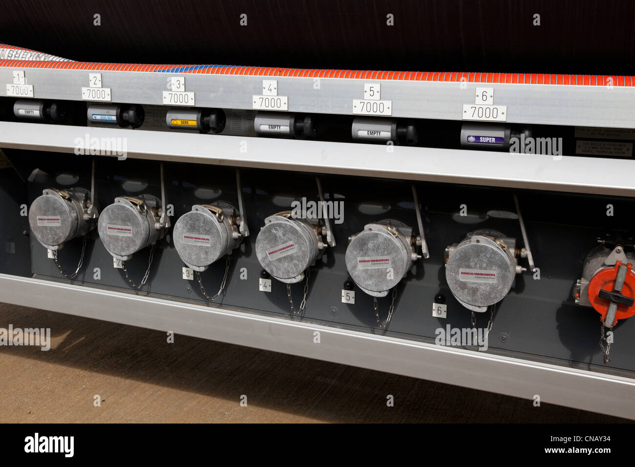 Fuel tanker compartment discharge valves and commodity gauges Stock ...