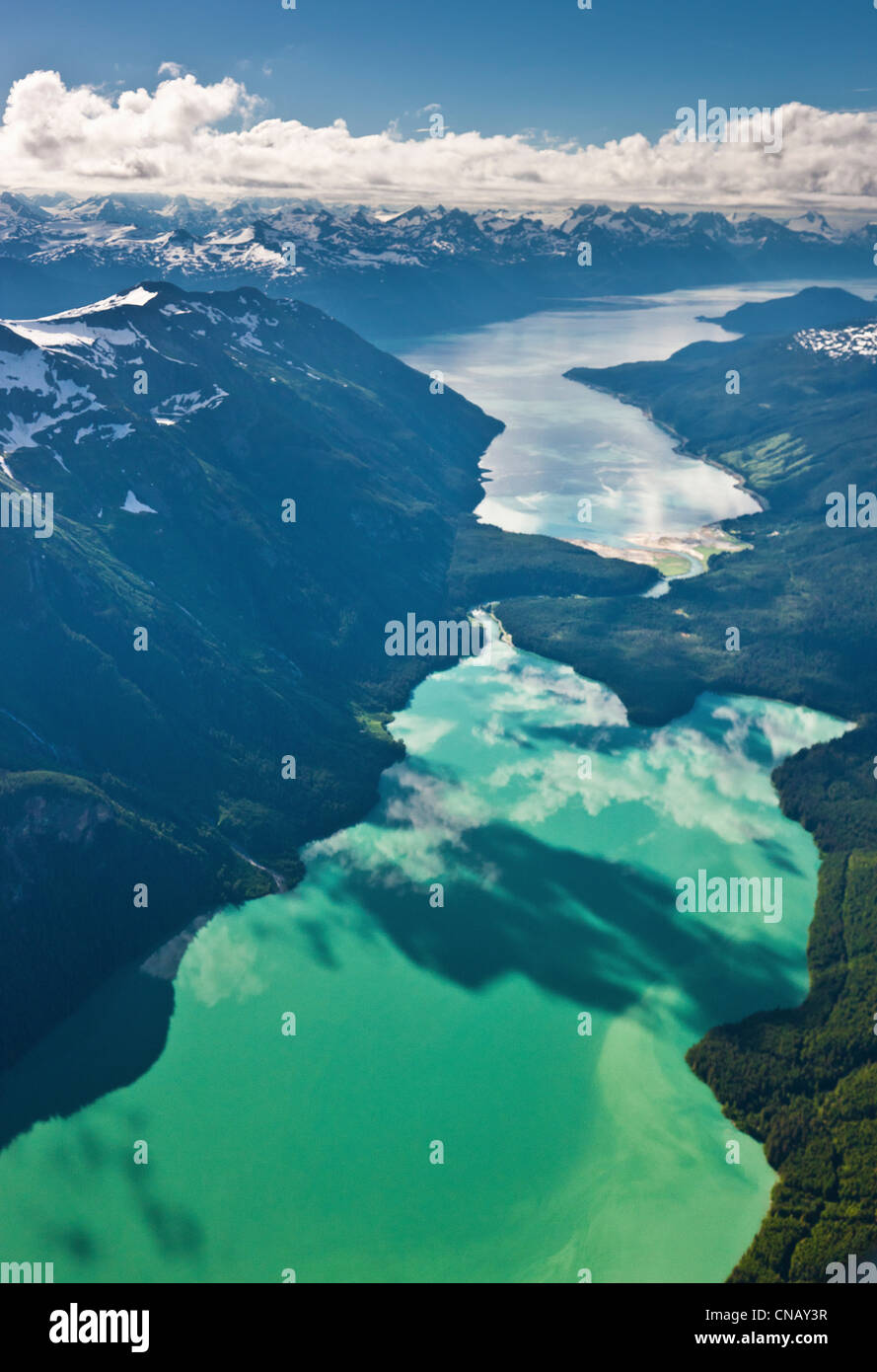 Aerial view of Chilkoot Lake and River, Lutak and Chilkoot Inlets in ...