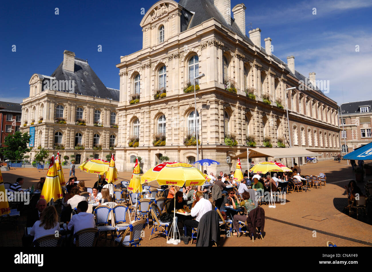 France, Somme, Amiens, cafe and restaurant terraces in front of the ...