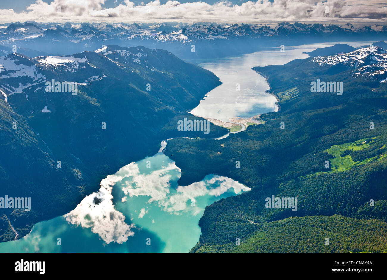 Aerial view of Chilkoot Lake and River, Lutak and Chilkoot Inlets in ...