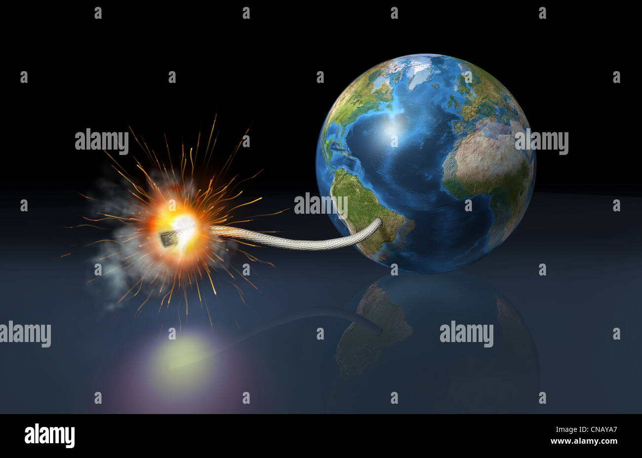 earth globe with a fuse lighted up as it is a bomb, on a reflective ...