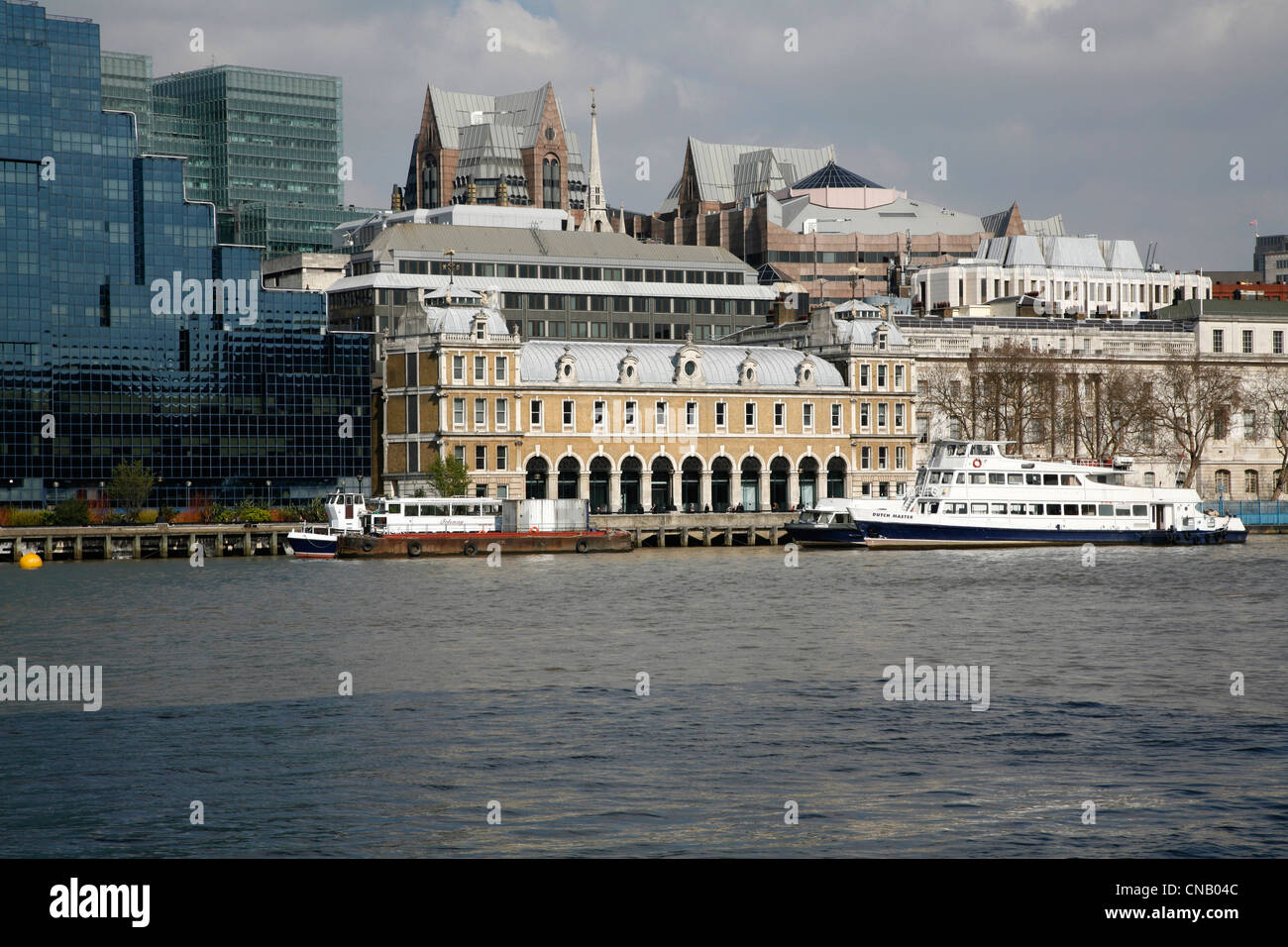 View down the River Thames to the old Billingsgate Market, City of ...