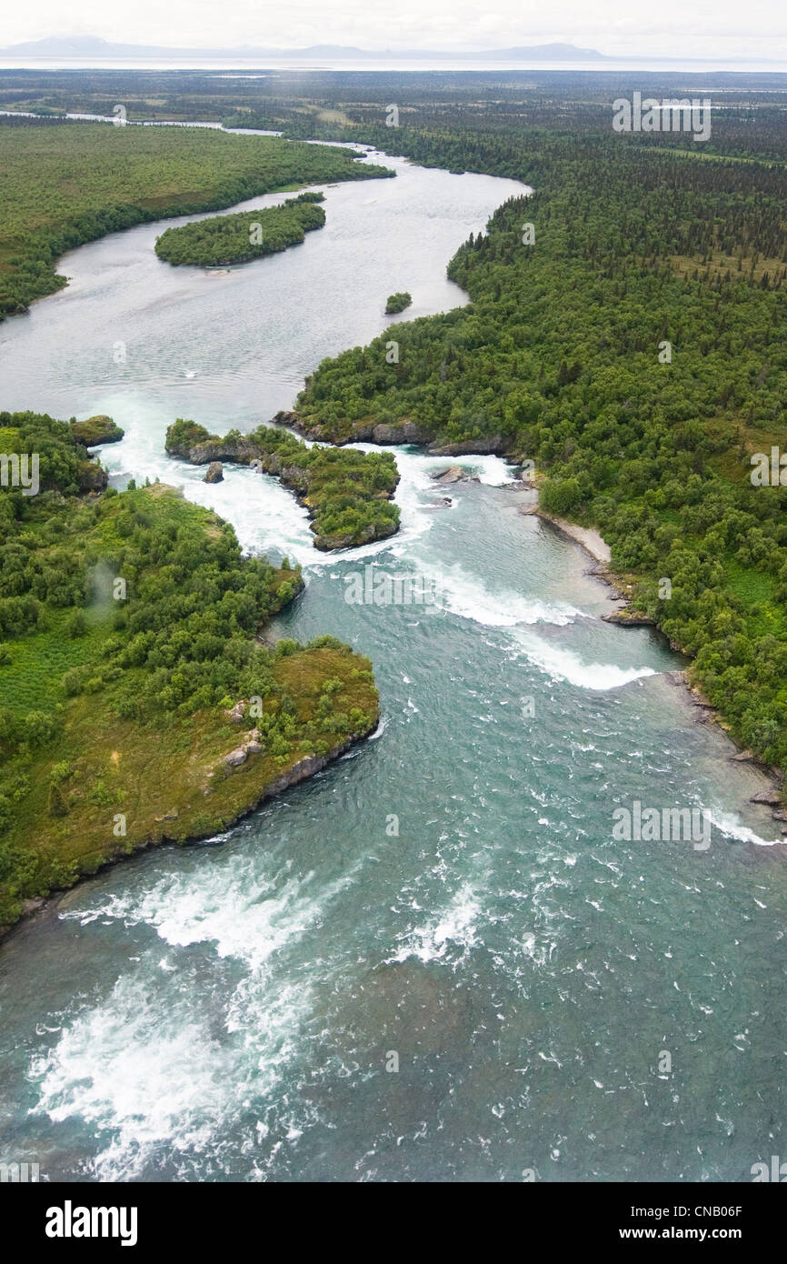 Aerial view of the Newhalen River which connects Sixmile Lake to ...