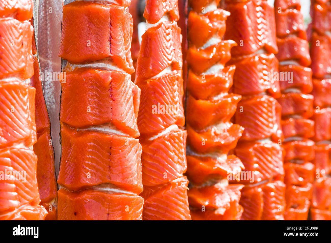 Subsistance caught Bristol Bay Sockeye salmon drying on a rack, Iliamna ...