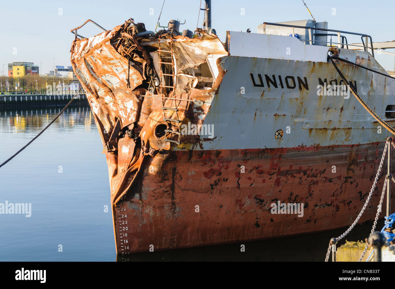 Damaged Union Moon ship, after crashing into a Stena Line ferry ...