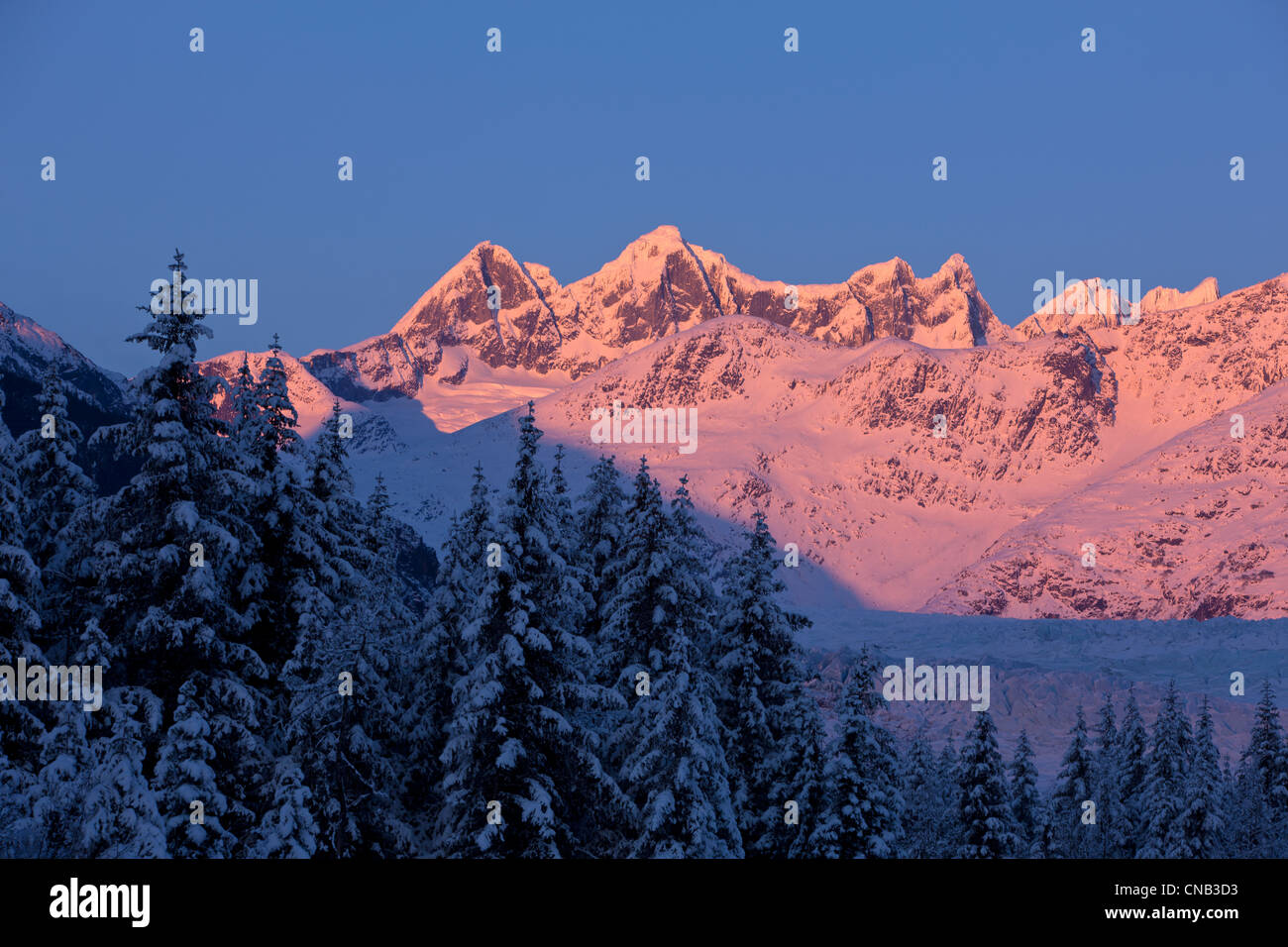 Alpenglow colors the peaks of the Coast Range above Mendenhall Glacier ...