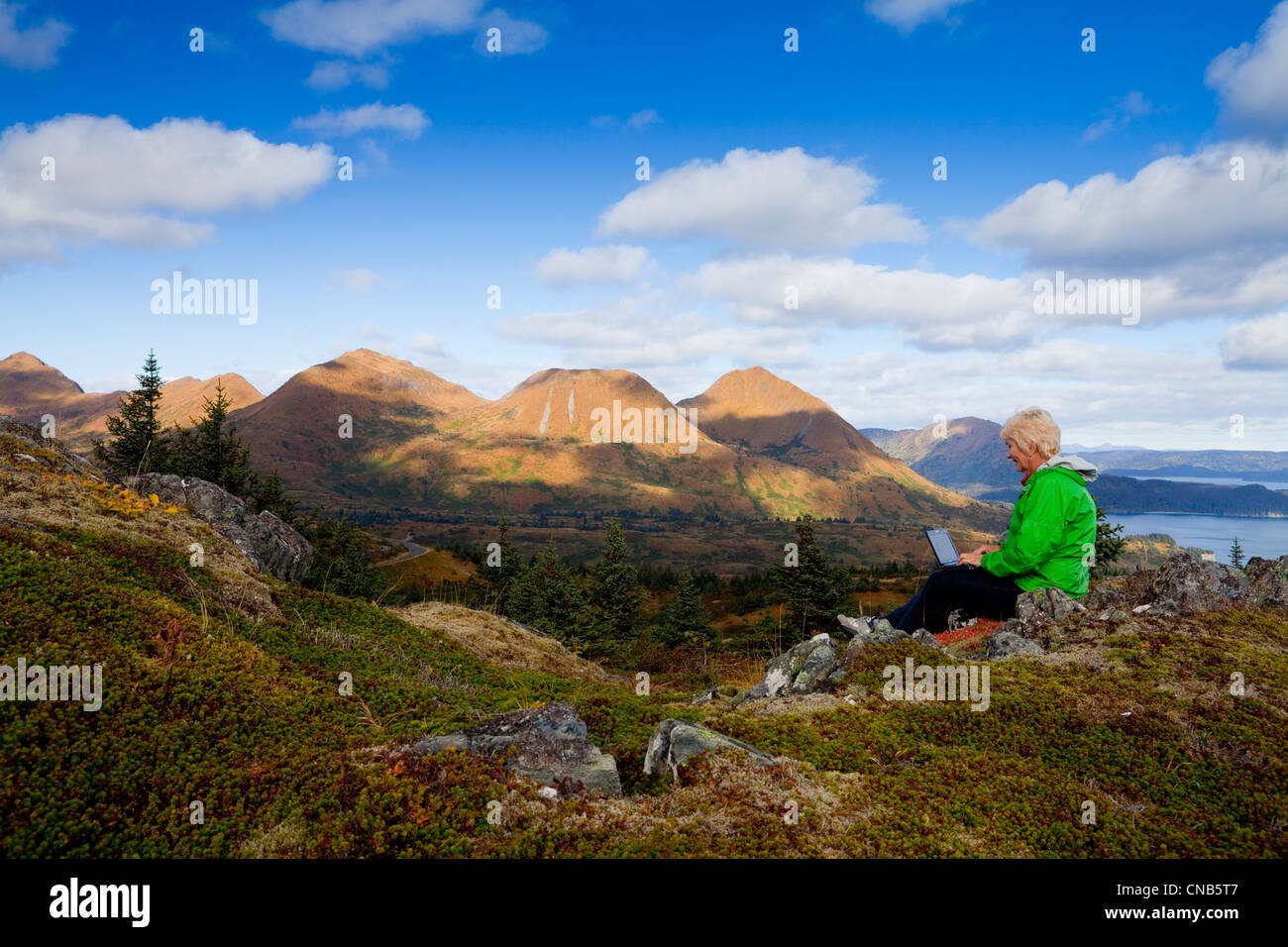 Mature woman types on laptop computer while sitting on Pillar Mountain ...