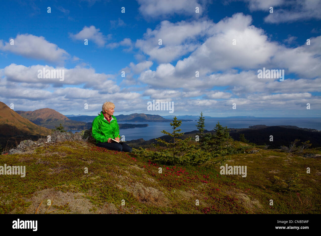 Mature woman relaxes and writes in journal on Pillar Mountain with ...