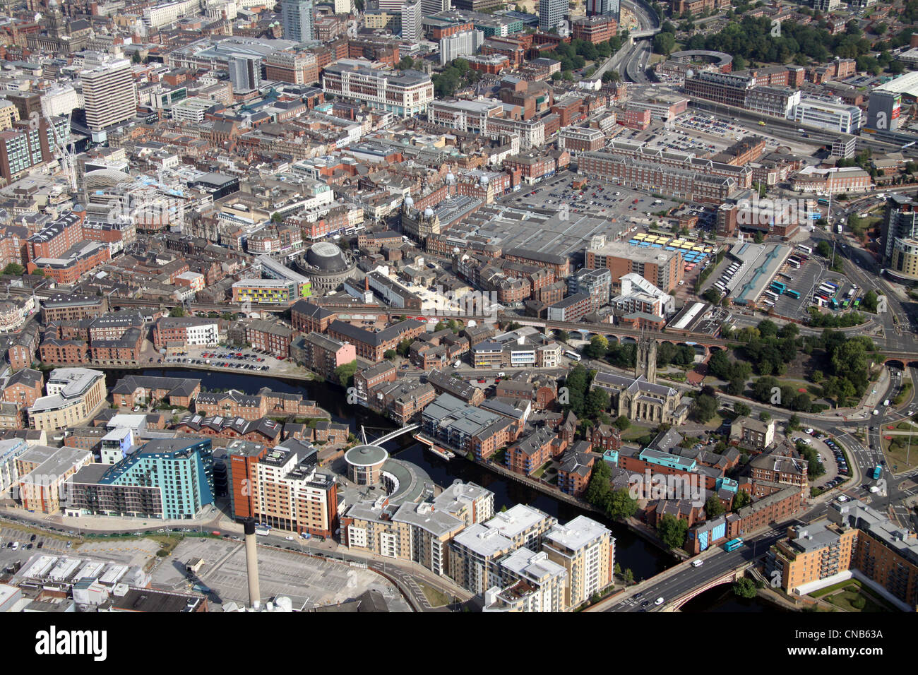 aerial view of the River Aire and Riverside area of Leeds City Centre ...
