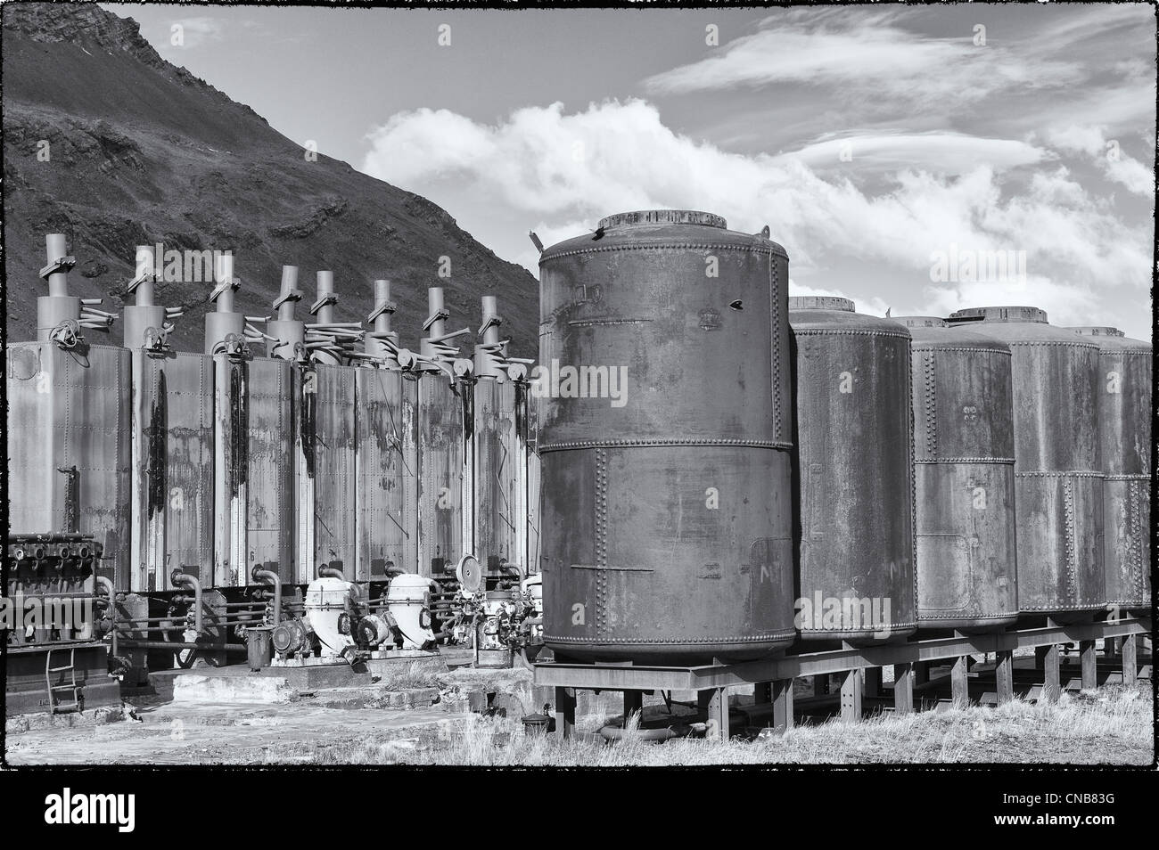Rusted old metal tanks, Former Grytviken Whaling Station, South Georgia ...