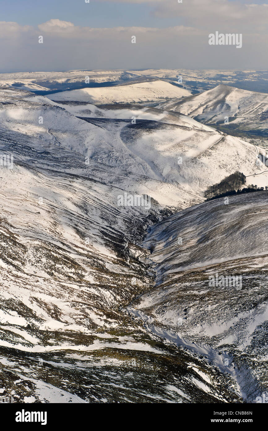 Aerial View down a valley with snow in Southern Pennines Stock Photo ...