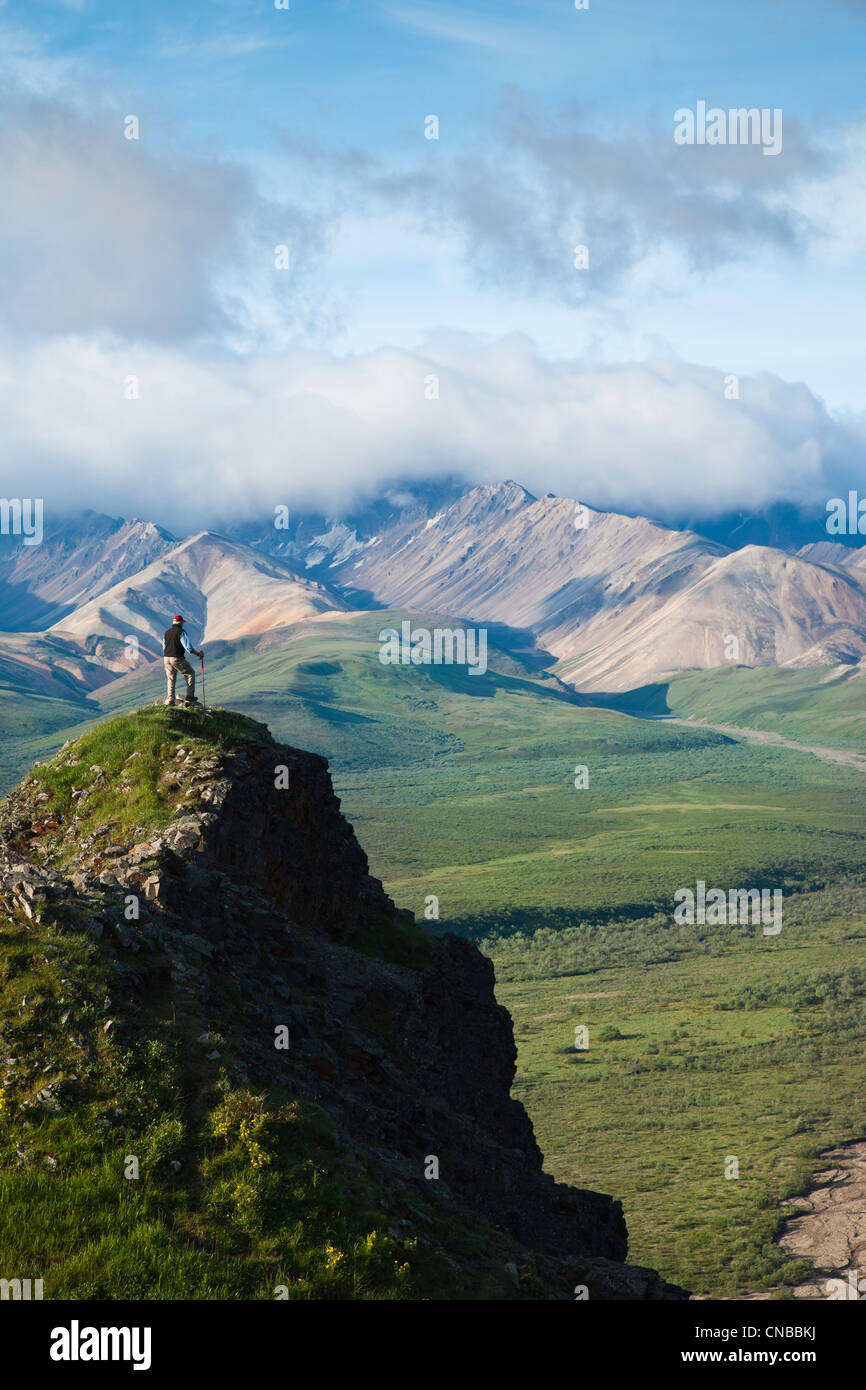 Senior man stands on a rock outcrop at Polychrome Pass with Alaska ...