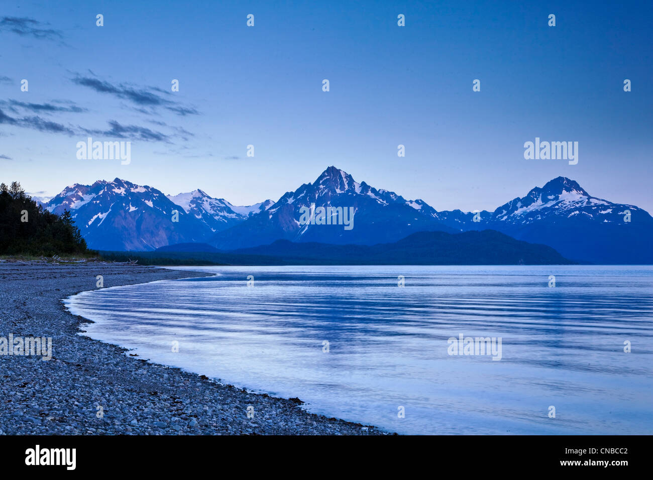 View of Mount Wright seen from Goose Cove at dusk, Glacier Bay National ...