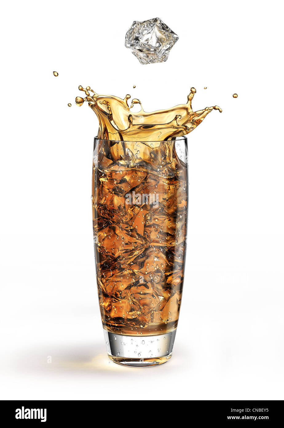 Ice cube falling into a tall glass full of brown liquid and other cubes ...