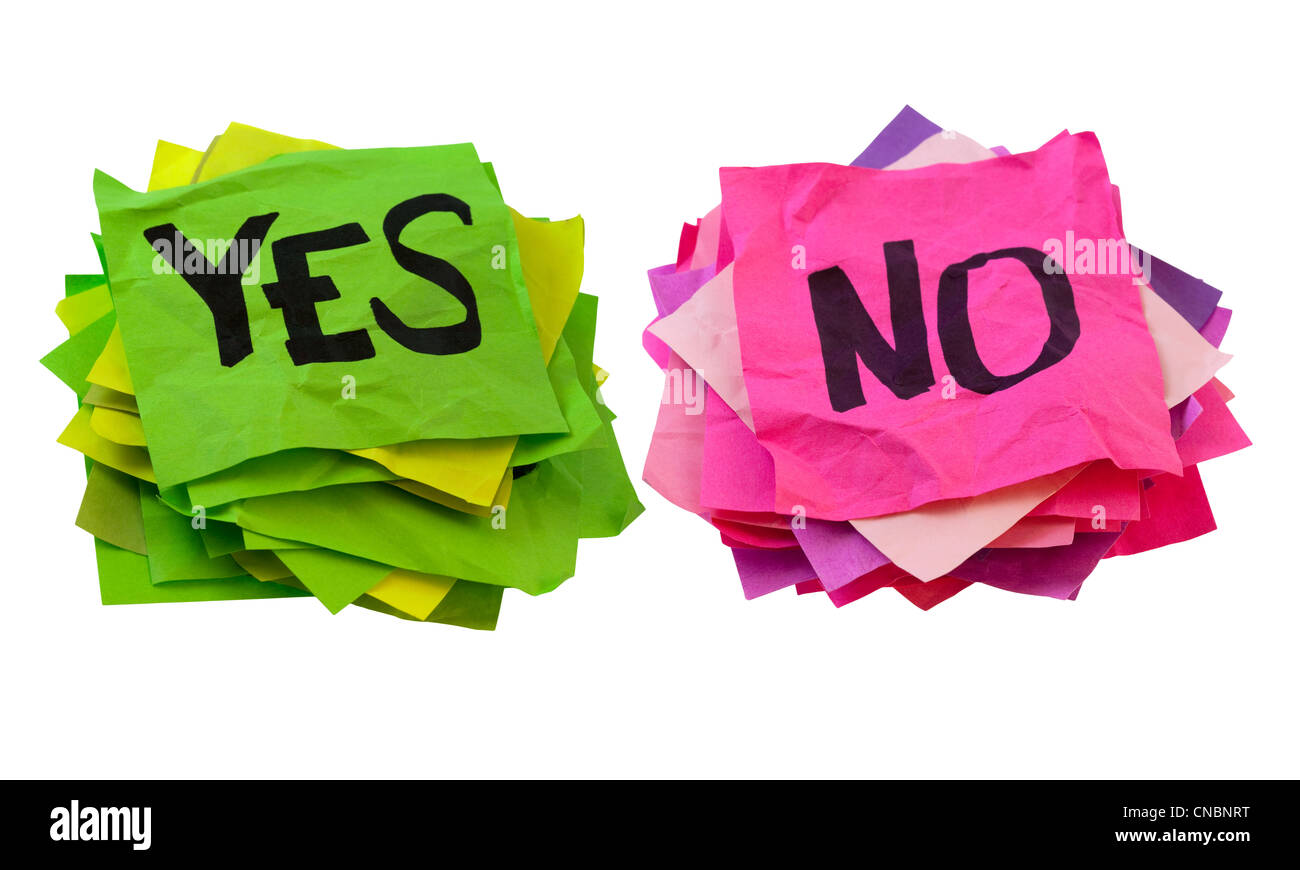 yes and no handwriting - two stacks of colorful crumpled reminder notes ...