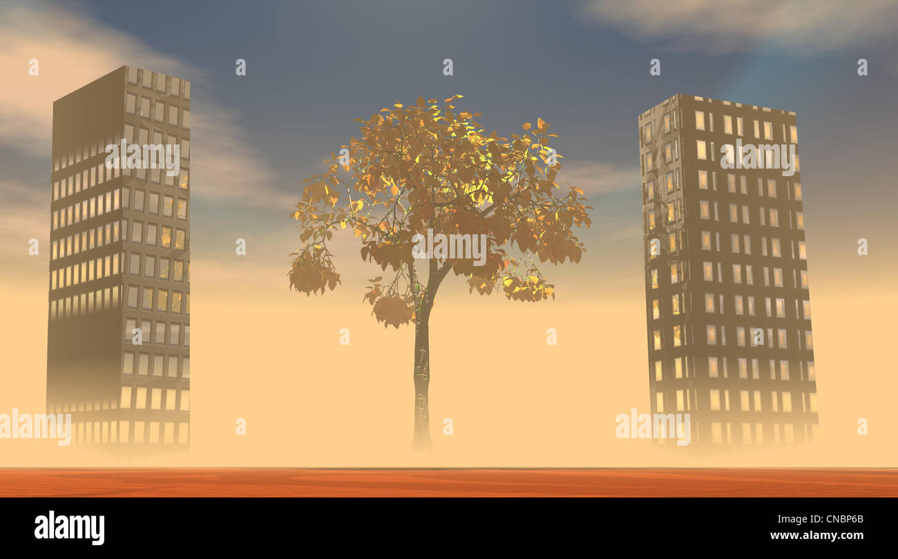 one tree and two buildings Stock Photo - Alamy