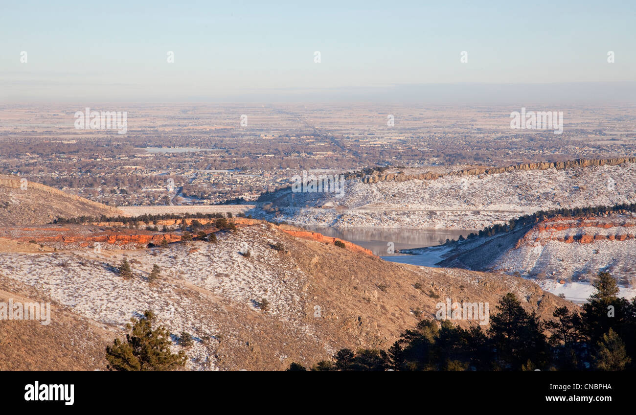 winter view of Colorado plains, Fort Collins and Horsetooth Reservoir ...