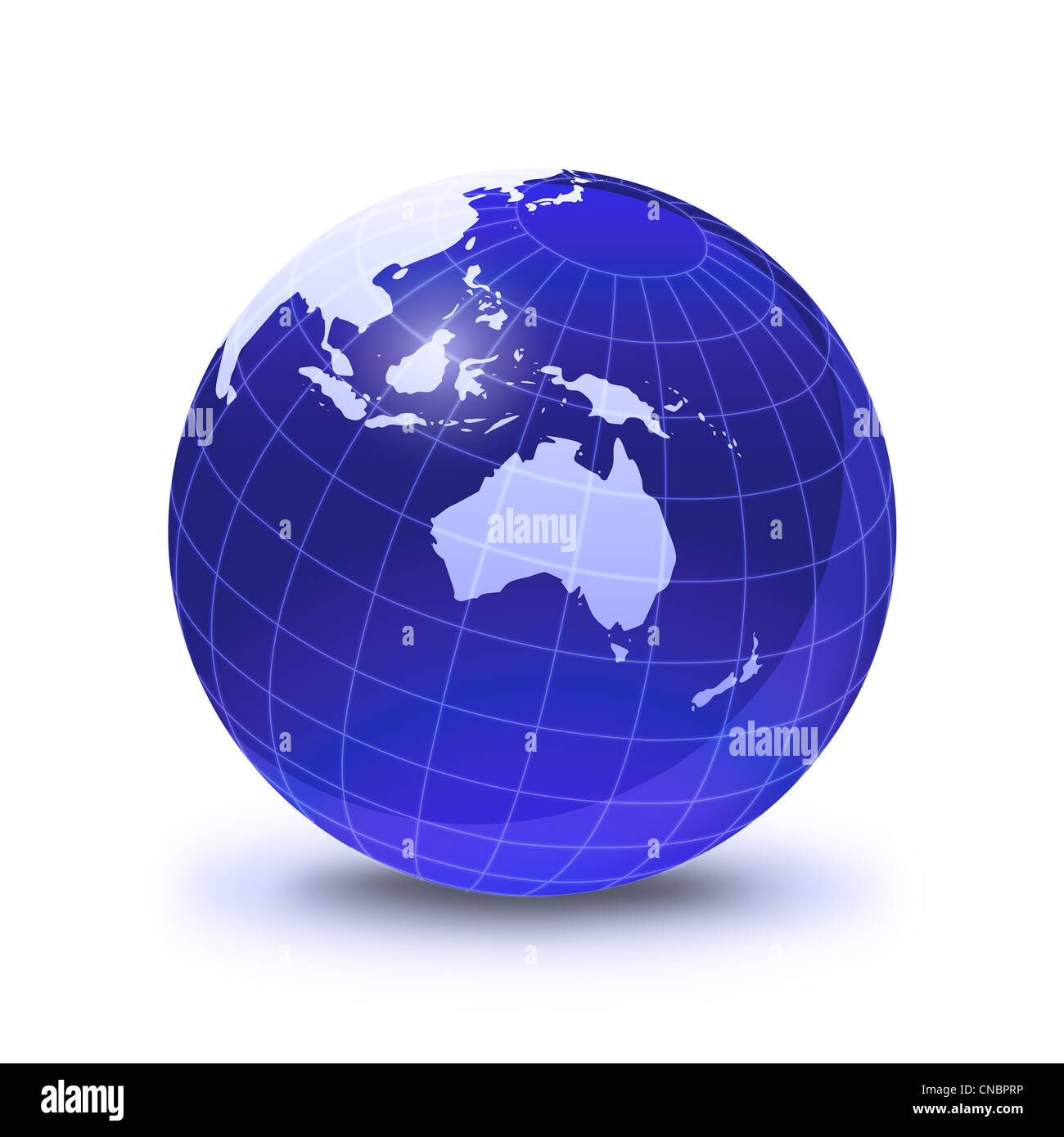 Earth globe stylized, in blue color, shiny and with white glowing grid ...