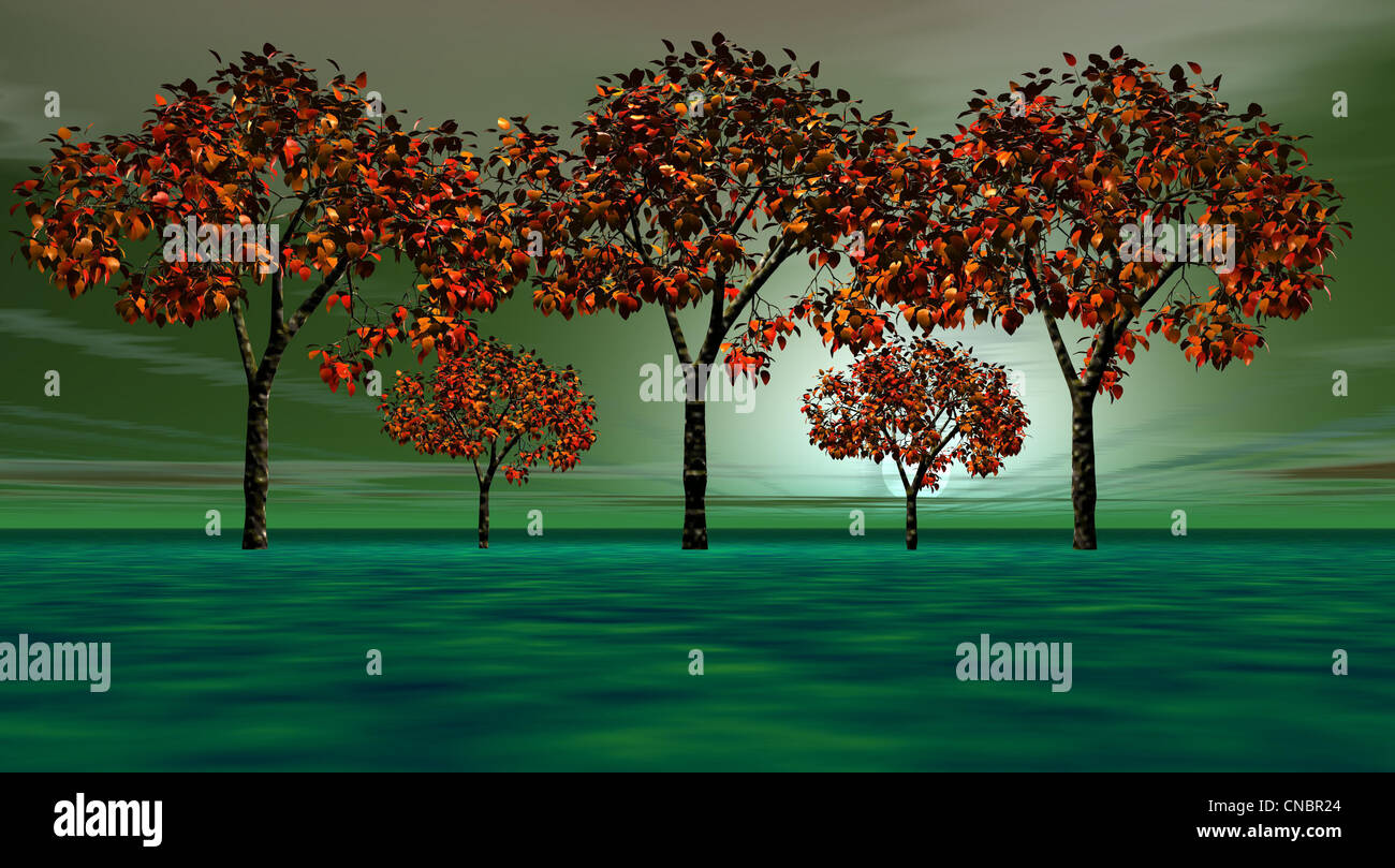five trees orange and landscape green Stock Photo - Alamy