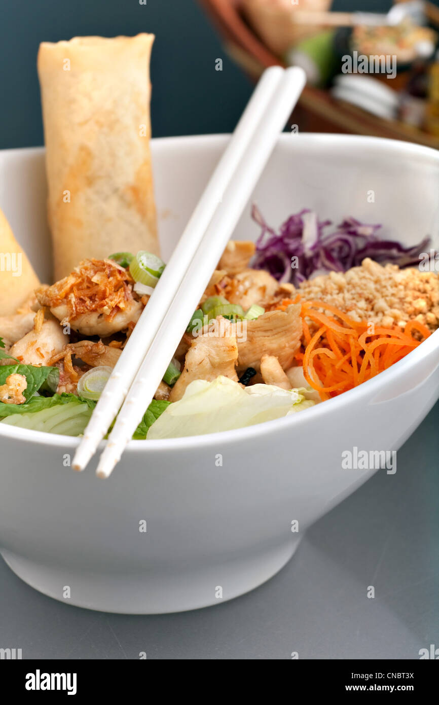 Freshly prepared Thai salad with spring rolls in a bowl with some ...