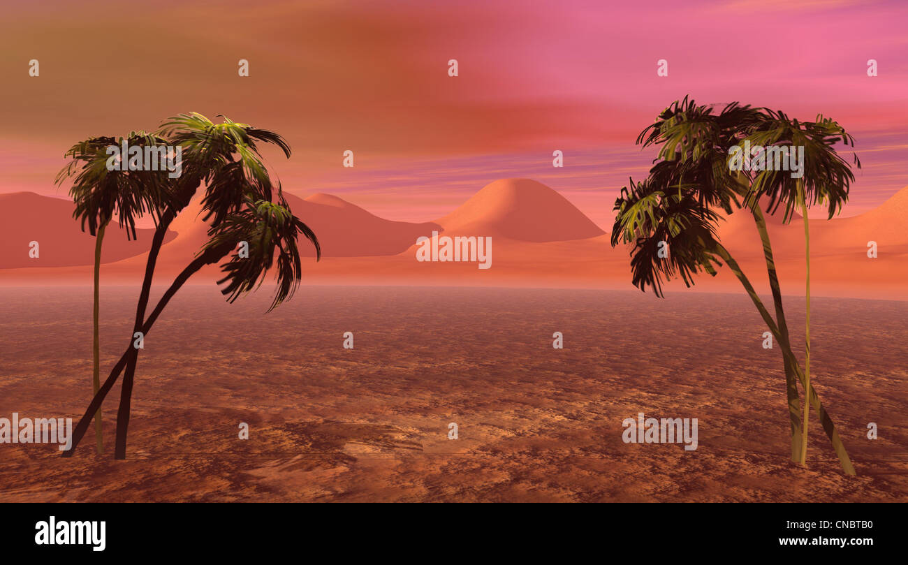 An island with two palm trees on a pink landscape Stock Photo - Alamy