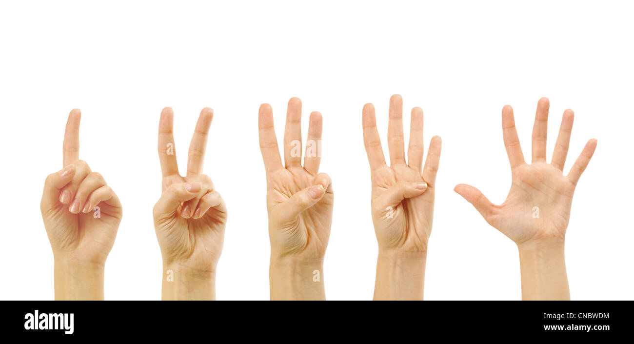 Counting woman hands (0 to 5) isolated on white background Stock Photo ...