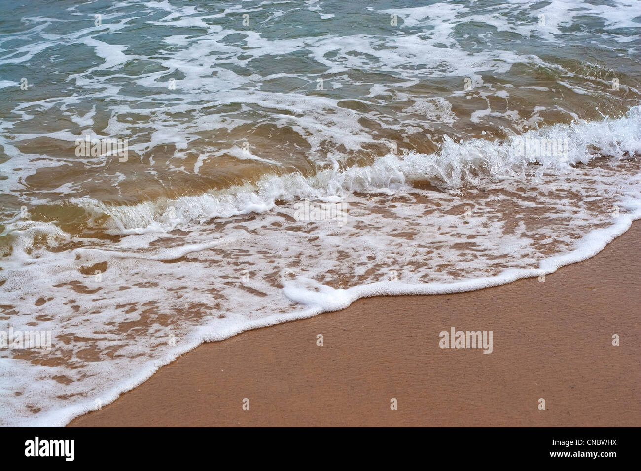 Closeup detail of the foaming sea waves washing ashore at the beach ...