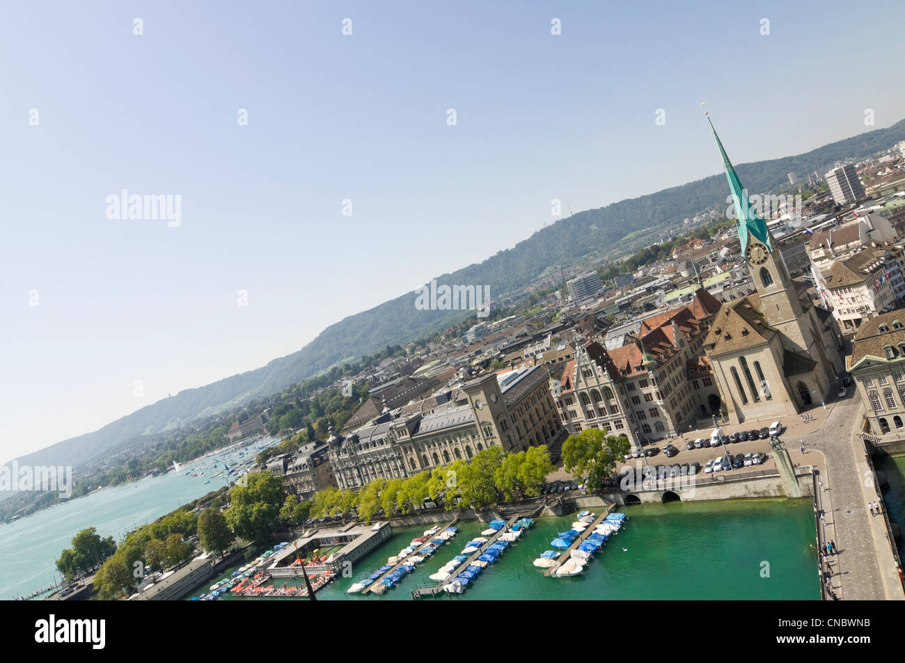 Horizontal wide angle aerial view across the historical centre of ...