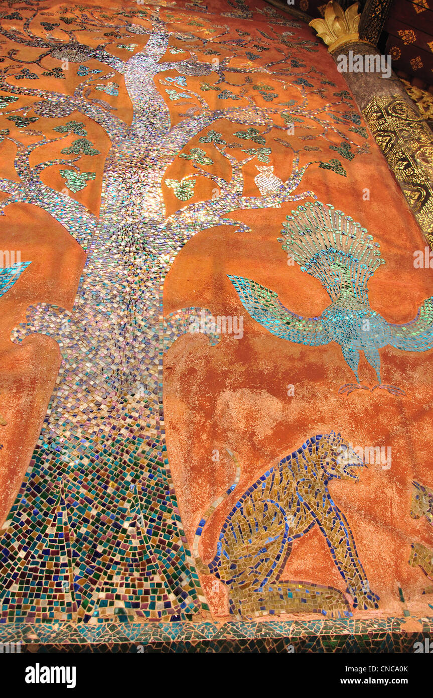 Tree of life mosaic, Wat Xieng Thong (Temple of the Golden City), Khem Khong, Luang Prabang ...