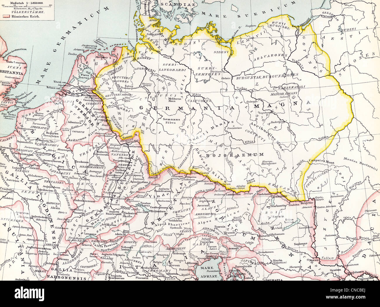 Historical map from the 19th Century, depiction of Germania in the 12th ...