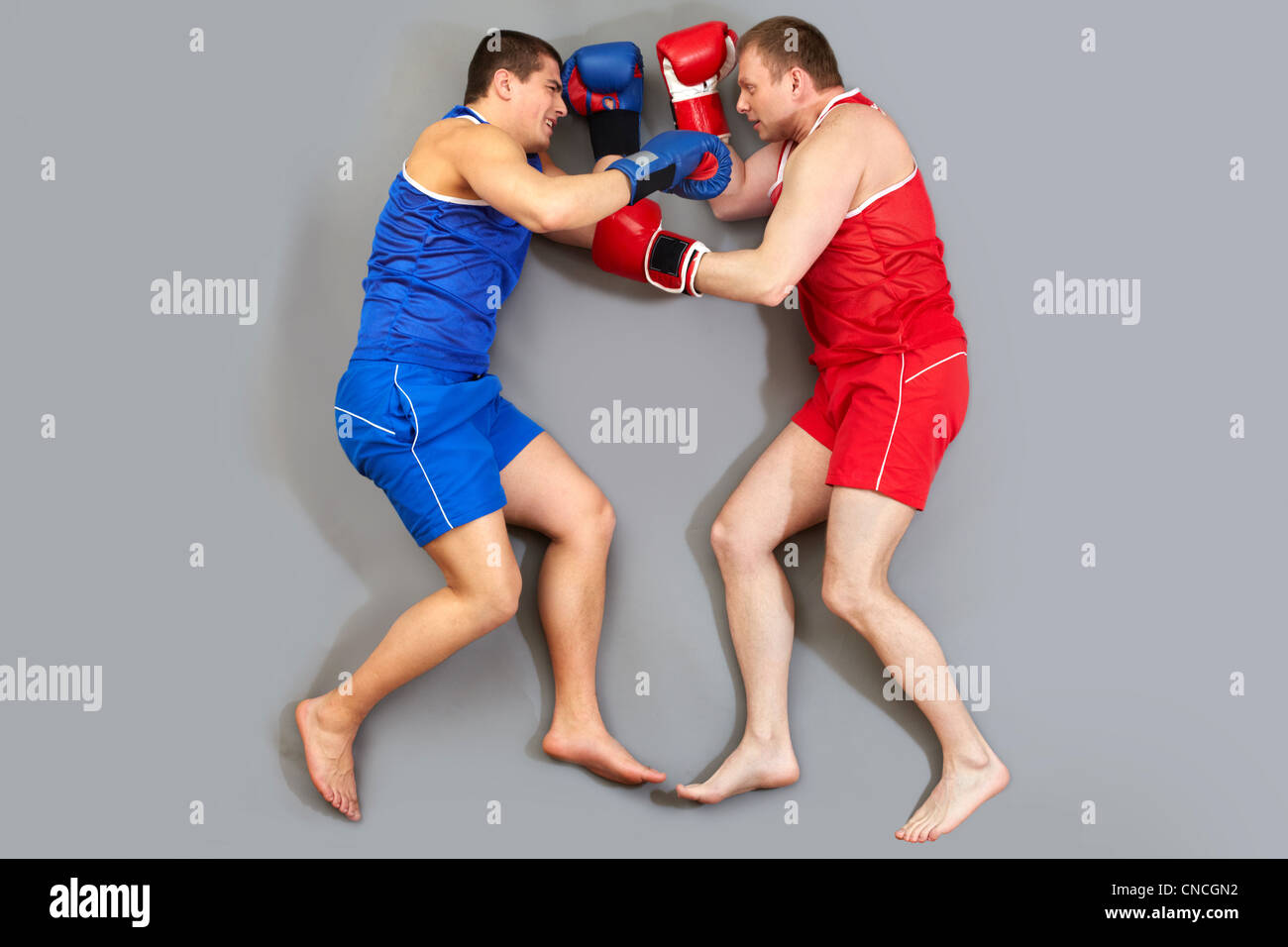 Aggressive guys in boxing gloves punching each other lying on the floor ...