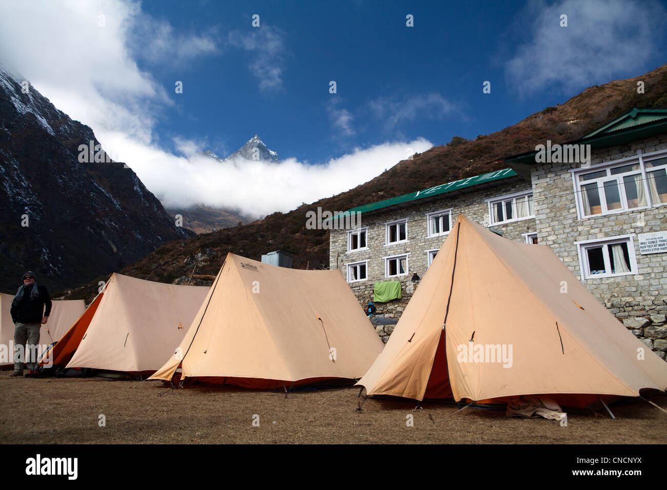 Trekkers' tents outside the Yeti Inn at Dole, on the trekking route to ...