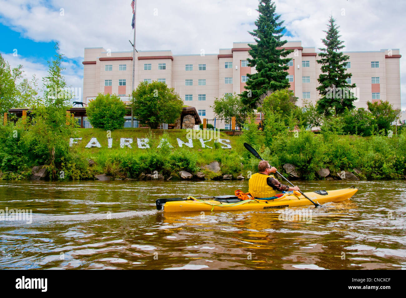 Male kayaker paddling the Chena River in Fairbanks, Interior Alaska ...
