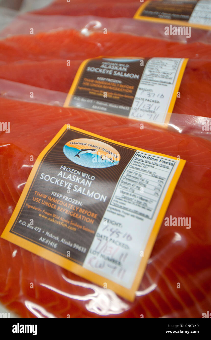 Packaged, fresh Sockeye salmon on trays at the Naknek Family Fishery ...