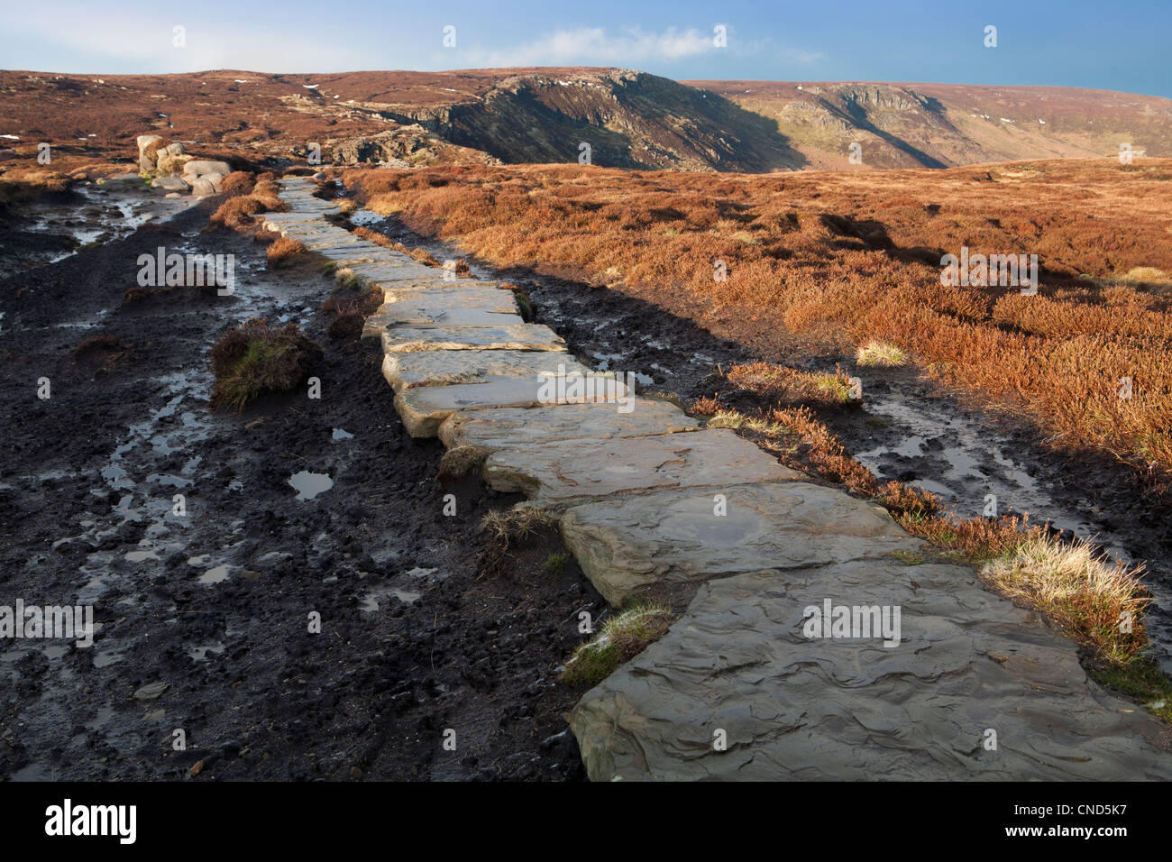 Gritstone path on Kinder Scout, Peak District, Derbyshire, England, UK ...