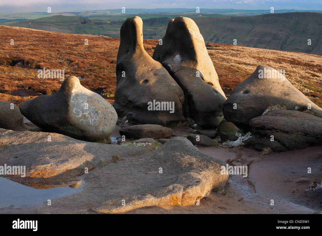 Weathered gritstone boulders on Kinder Scout, Peak District, Derbyshire ...