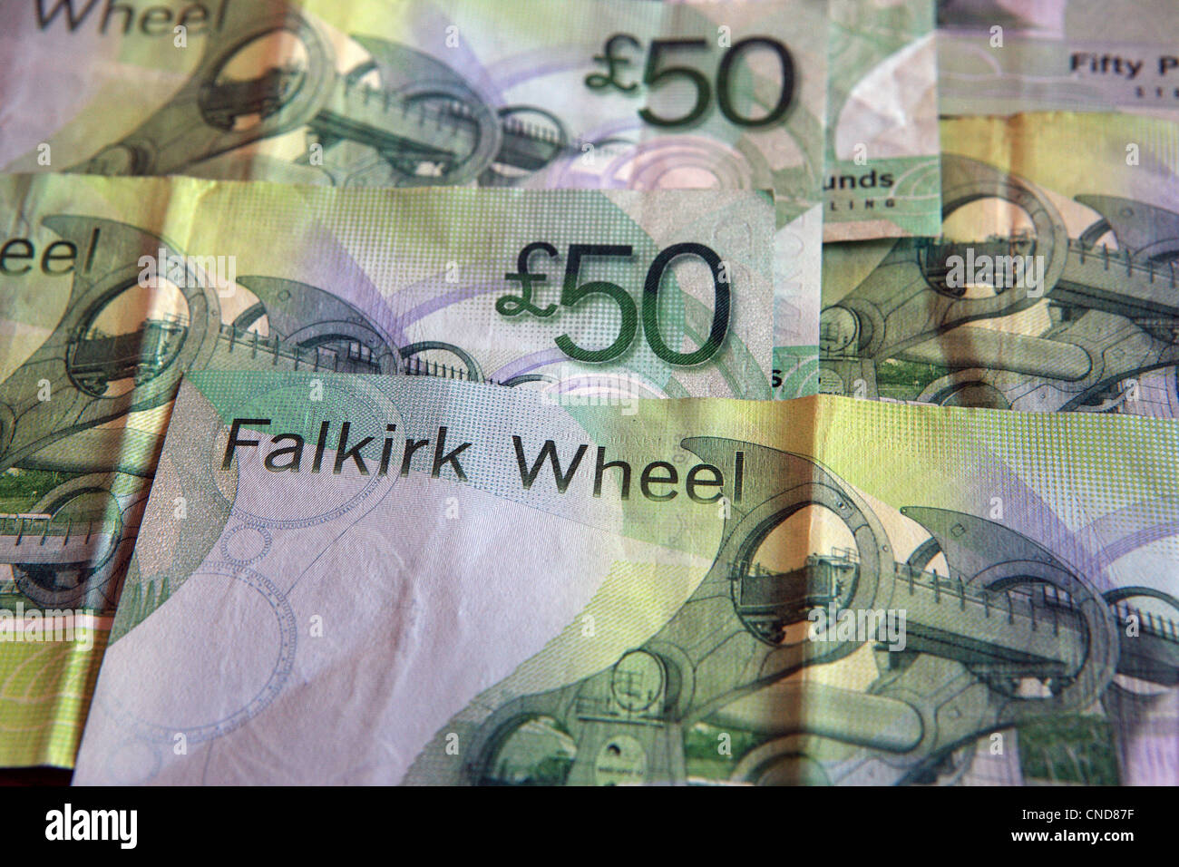 Fifty pound notes showing the Falkirk Wheel in Scotland Stock Photo - Alamy