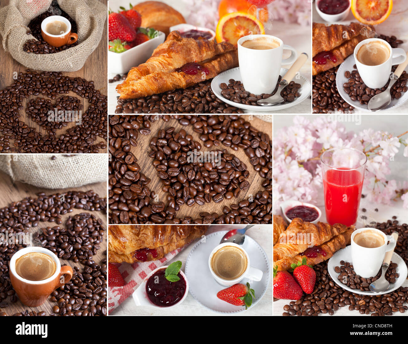 A collage of different photos representing breakfast Stock Photo - Alamy