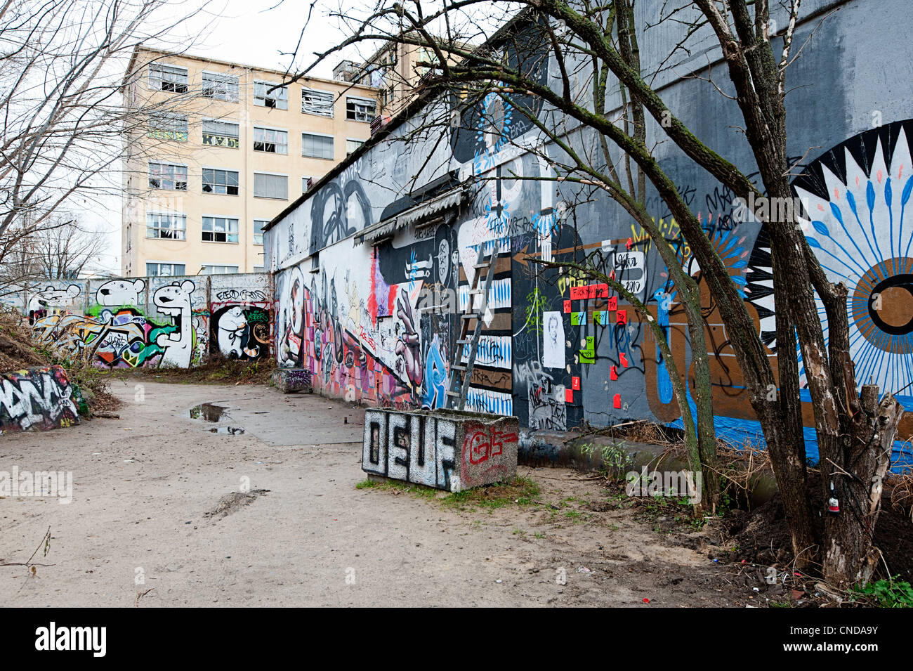 Friedrichshain district of Berlin with street art graffiti in a ...