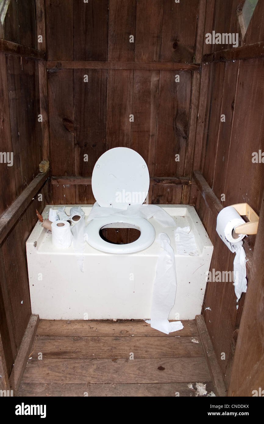 Interior of a dirty and disgusting outhouse with toilet paper littered ...