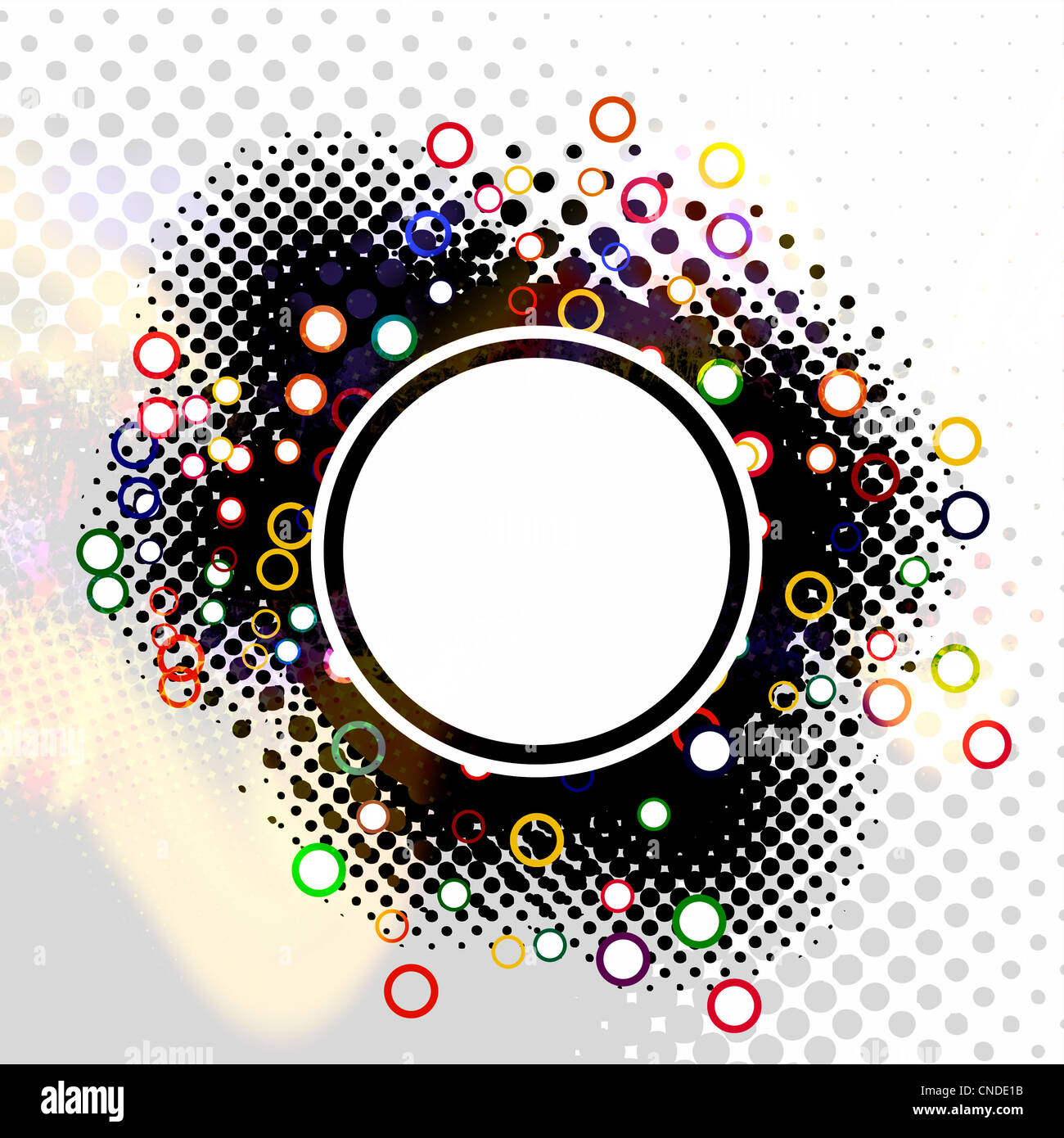 An abstract circular layout with colorful rings and halftone effects ...