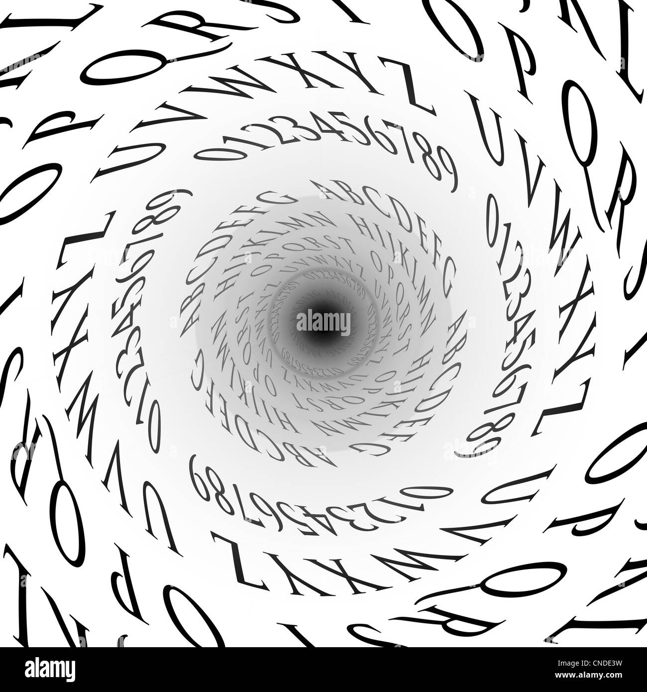 Letters and numbers spiraling through a circular vortex or tunnel Stock ...