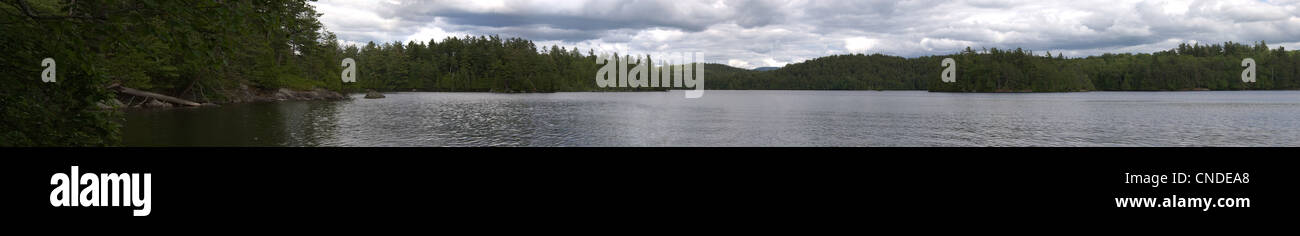A wide angle panoramic view of the lower Saranac Lake and islands ...