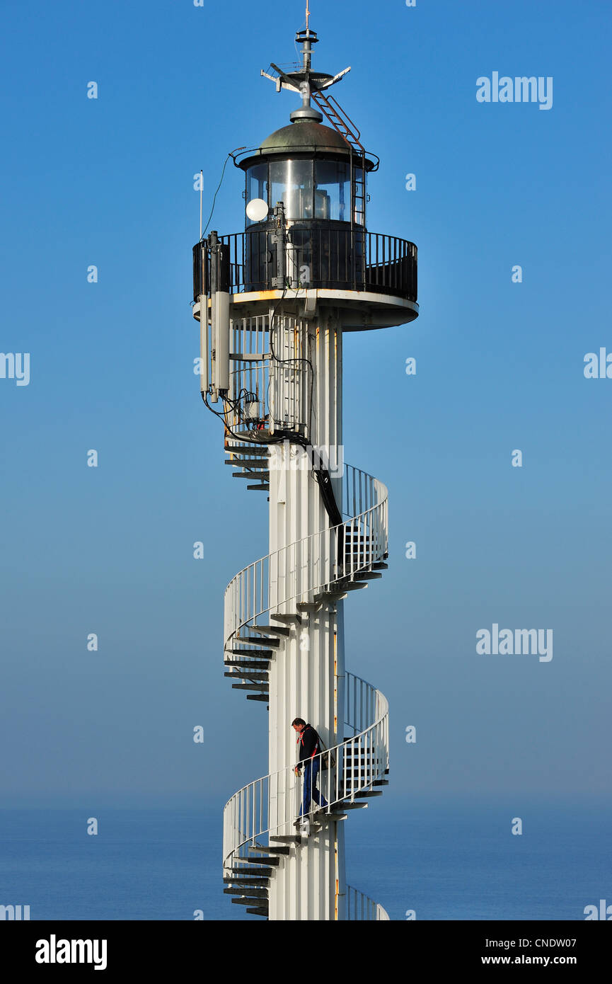 The Alprech lighthouse with spiralling exterior staircase near Le Portel, Côte d'Opale / Opal ...