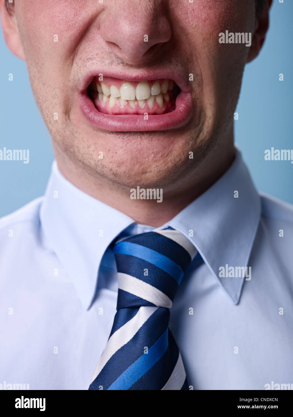 closeup of businessman screaming against blue background. Vertical ...