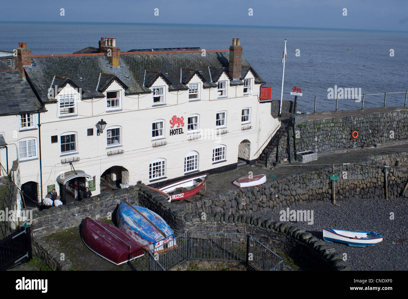 Looking down at the hotel on the Quay at Clovelly in Devon Stock Photo ...