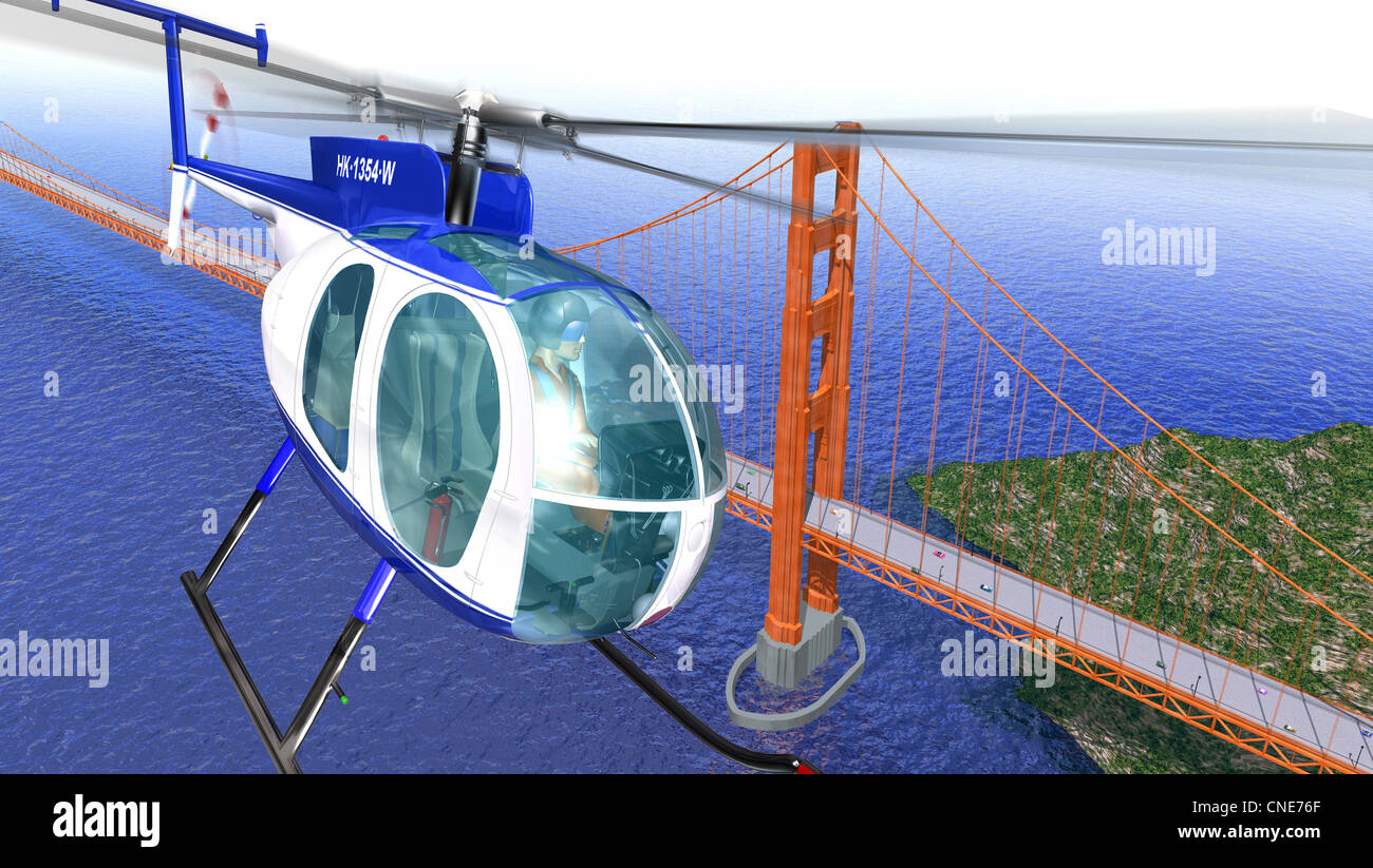 Helicopter flying over the Golden Gate bridge. Bird eye view with blue ...