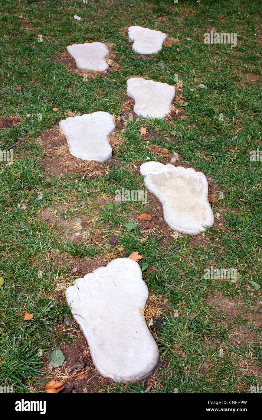 big traces of foots in green grass Stock Photo - Alamy