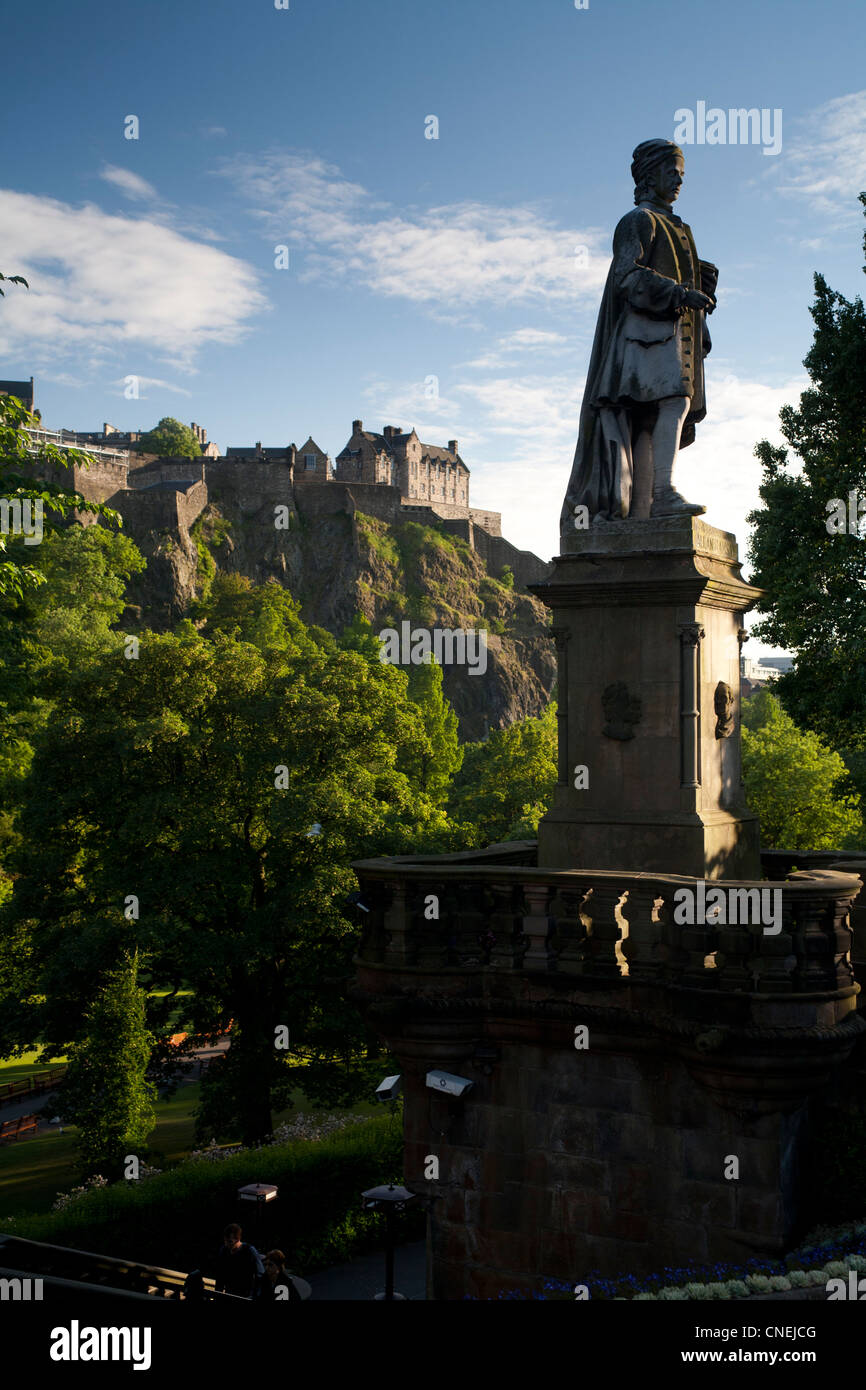 Statue of Allan Ramsay on Princess Street with Edinburgh Castle in the ...