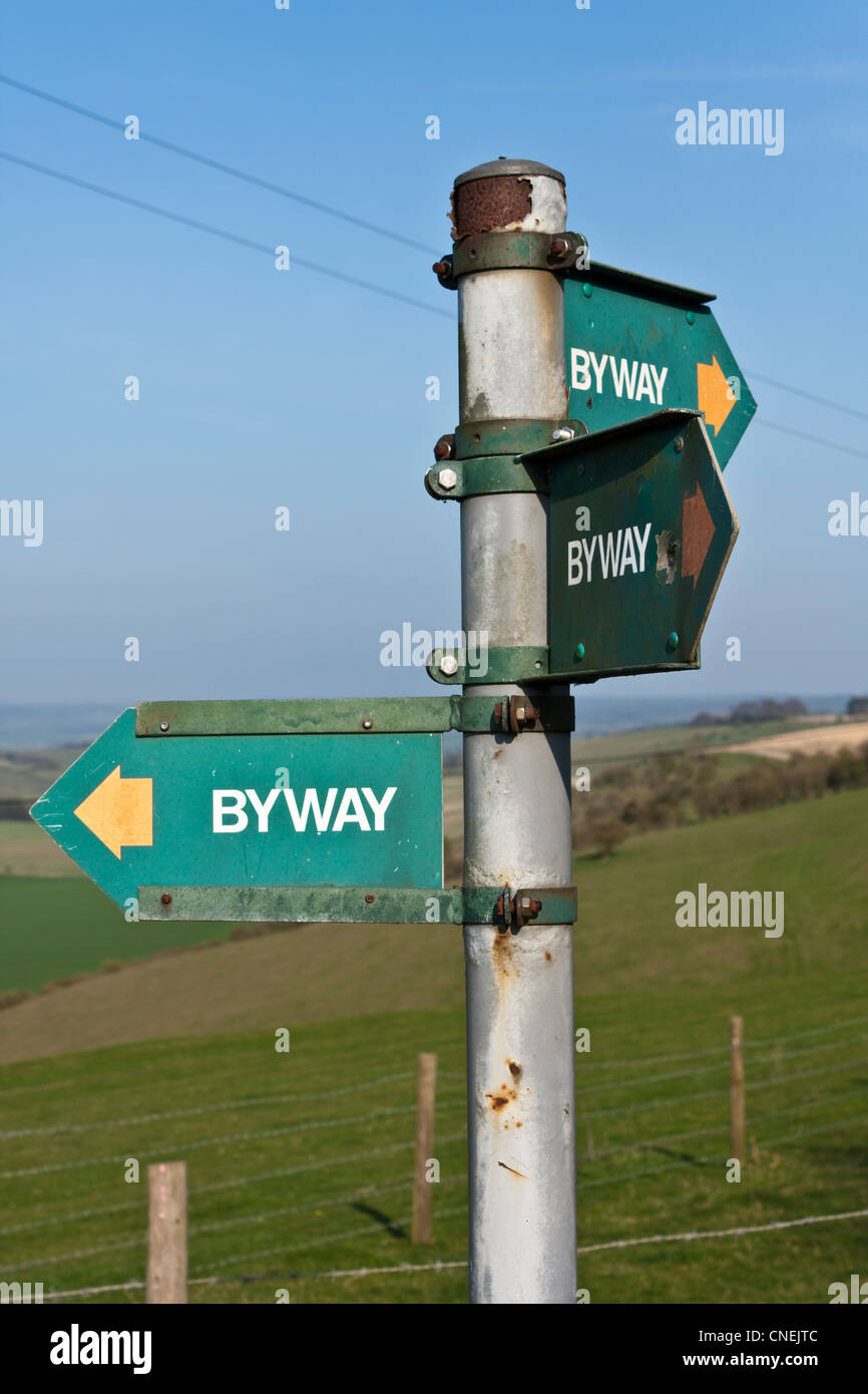 Byway signs on the Ridgeway National Trail pointing in three directions ...